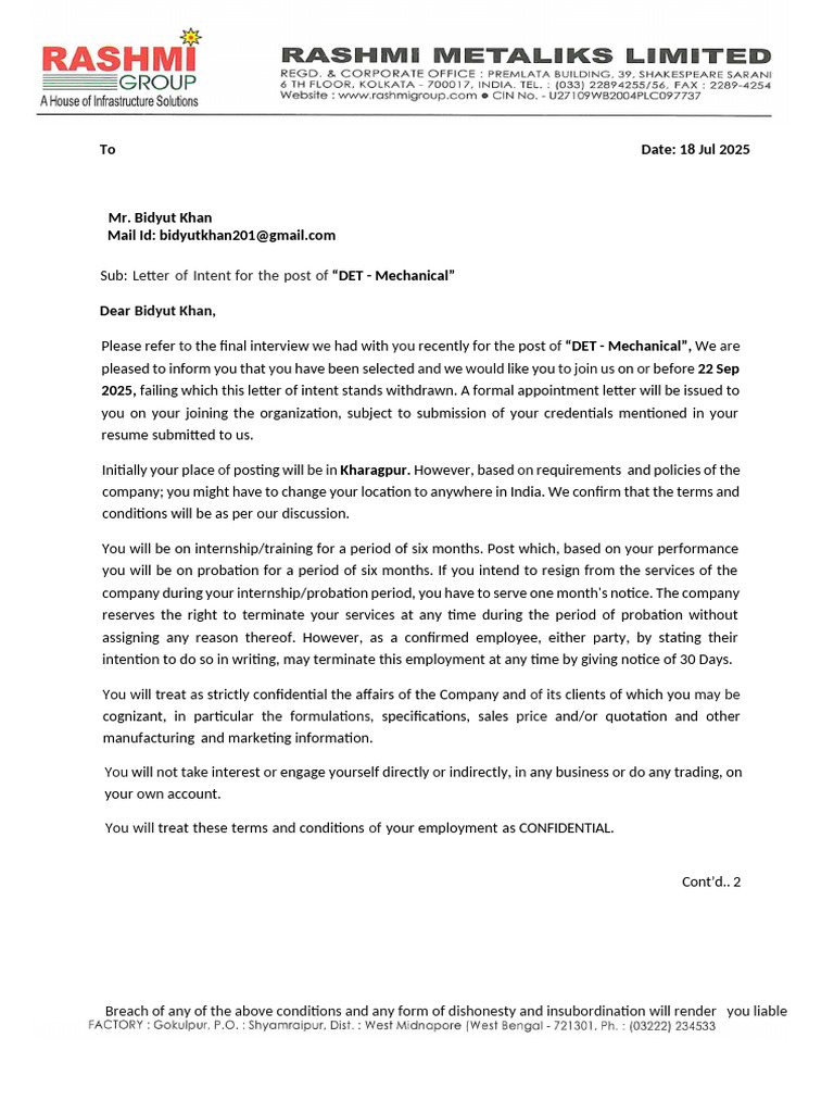 Rashmi Metaliks Job Offer Letter | PDF