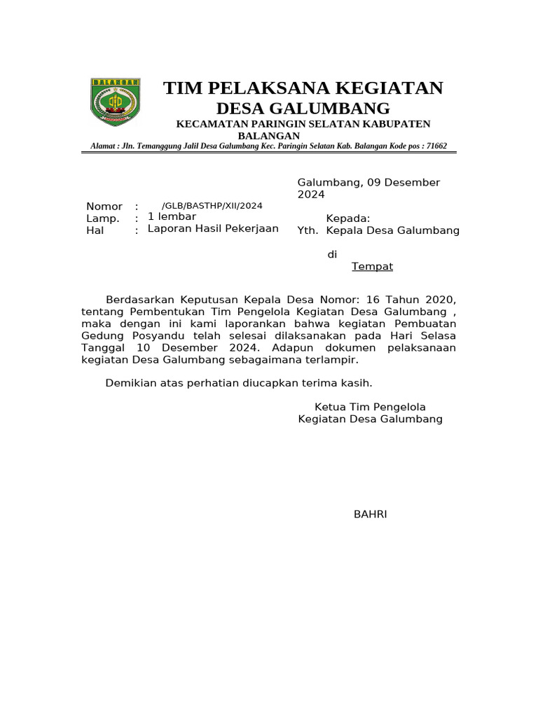 Laporan Pekerjaan Desa Galumbang | PDF