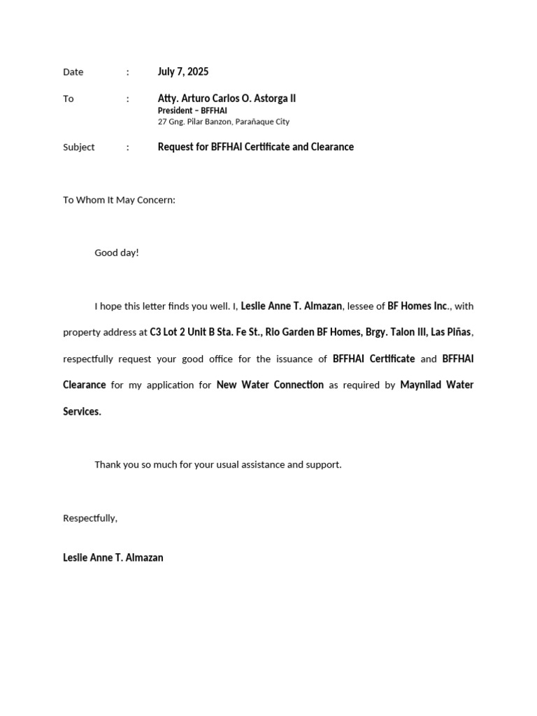 BFFHAI Certificate and Clearance Request | PDF