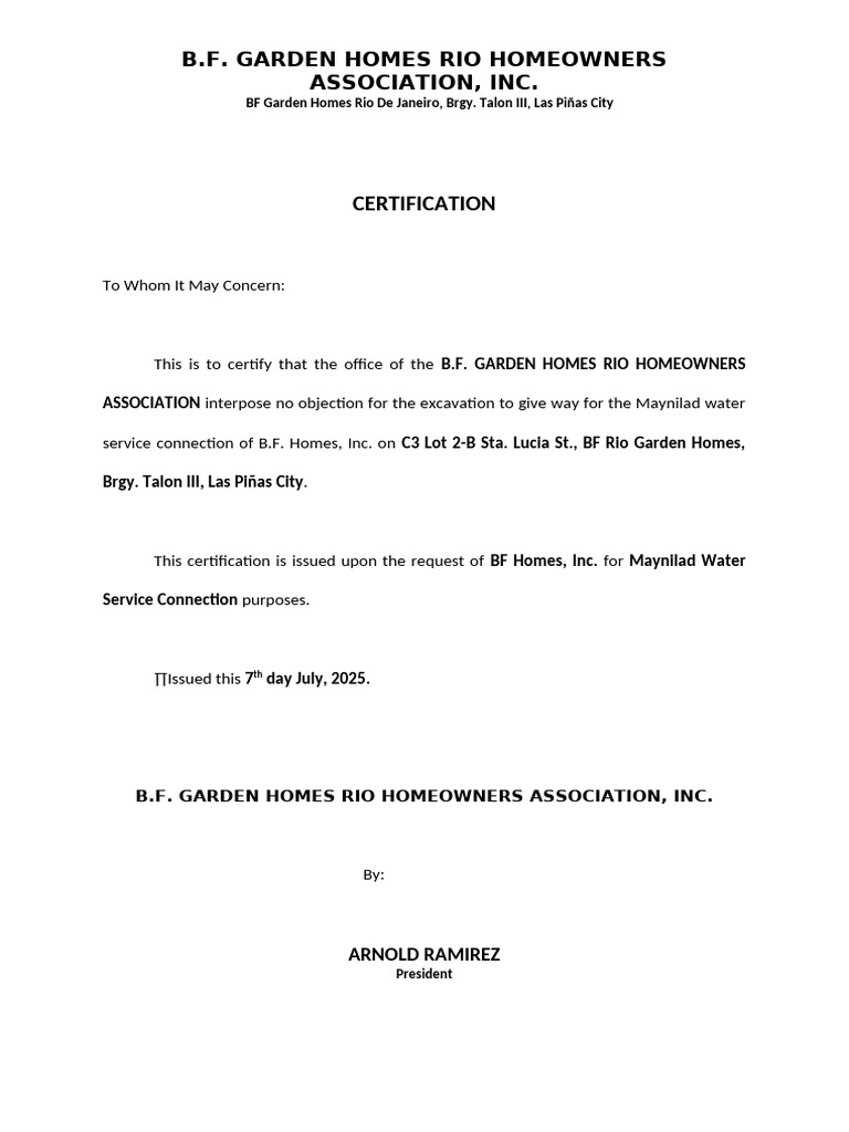 HOA Certification for Water Service Connection | PDF