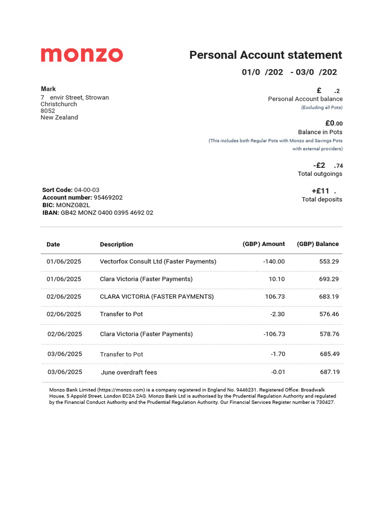 Monzo Bank Statement 2025 06 01 2025 06 03 6124 | PDF | Regulation ...