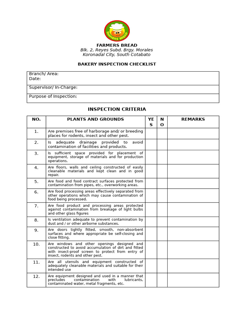 Bakery Inspection Checklist Guide | PDF | Sanitation