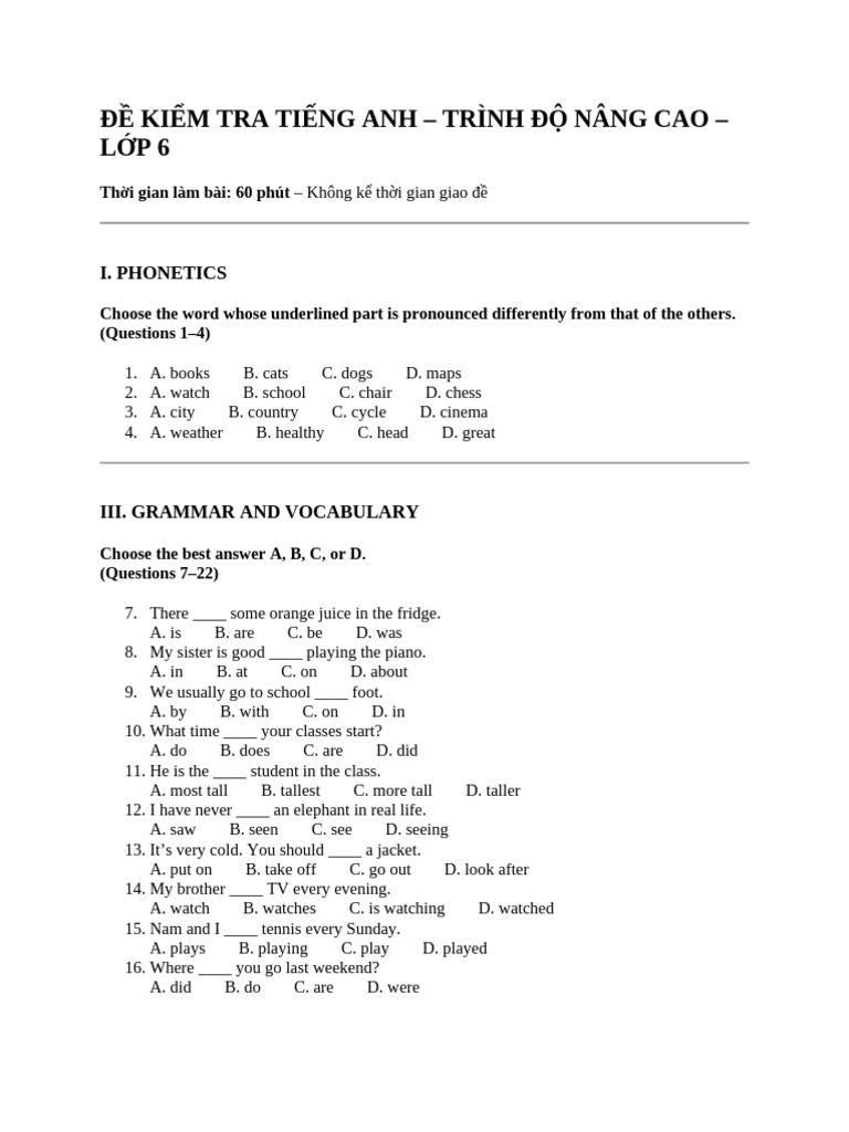 English Test for Advanced 6th Graders | PDF