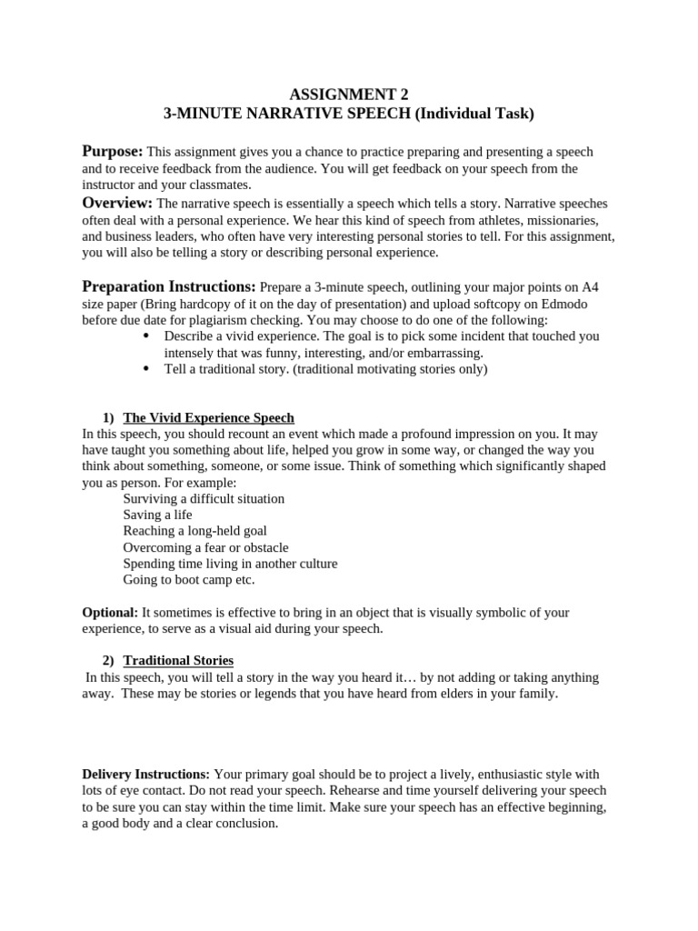 Assignment 2 3 Minute Narrative Speech Pdf Body Language 3472