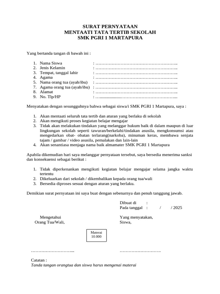 Surat Pernyataan Mematuhi Tata Tertib SMK PGRI 1 Martapura | PDF