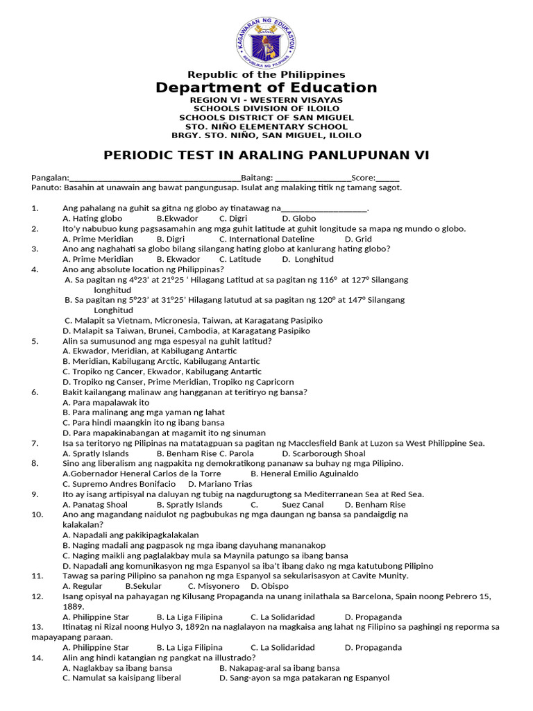 PERIODICAL TEST IN AP 6 - TOQUIRE - First Grading Period | PDF