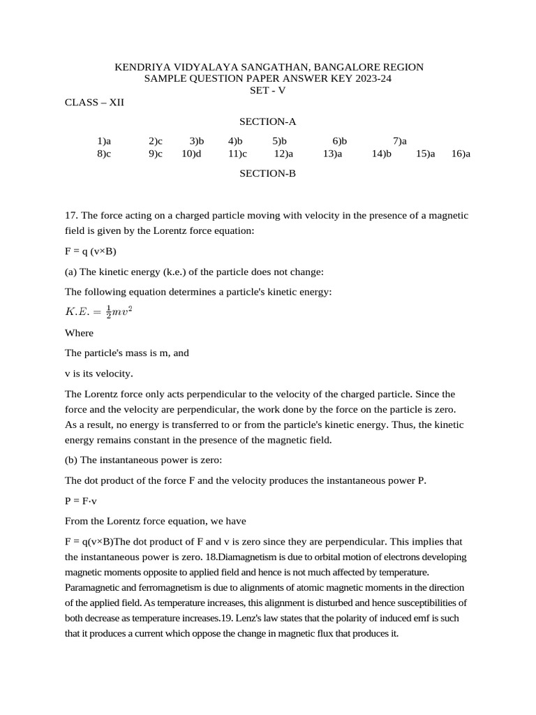 Sample Paper Class - Xii Answer Key - PB 3 Physics 24-25 With Marking Scheme | PDF | Magnetism ...