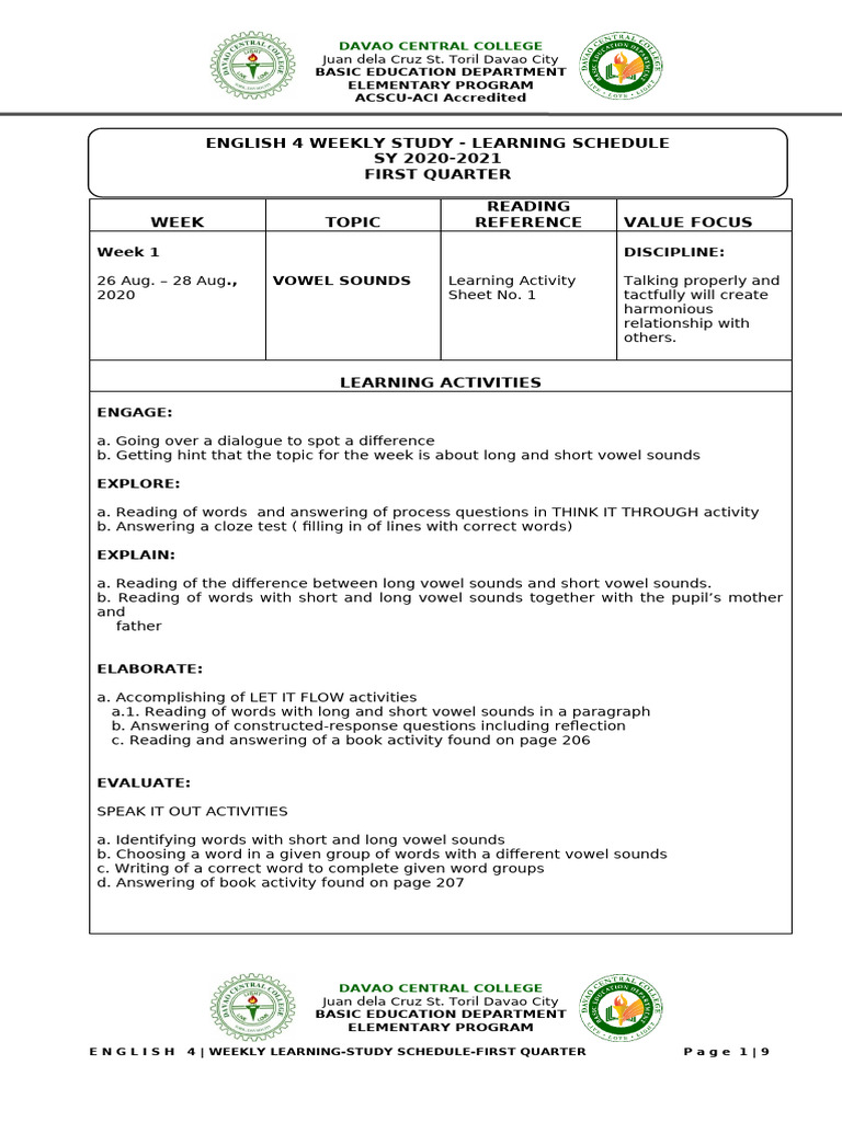 Weekly Study Chedule English 4 1st Quarter - 2021-2022 | PDF | Reading ...