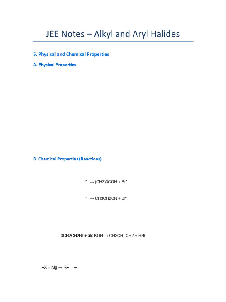 JEE Notes: Alkyl and Aryl Halides | PDF | Chemical Reactions | Chemical ...