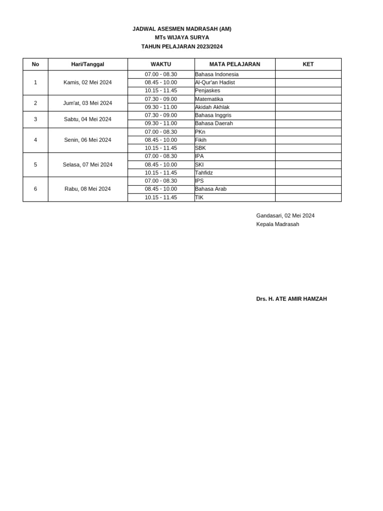 Jadwal Asesmen Madrasah 2024 MTs Wijaya Surya | PDF