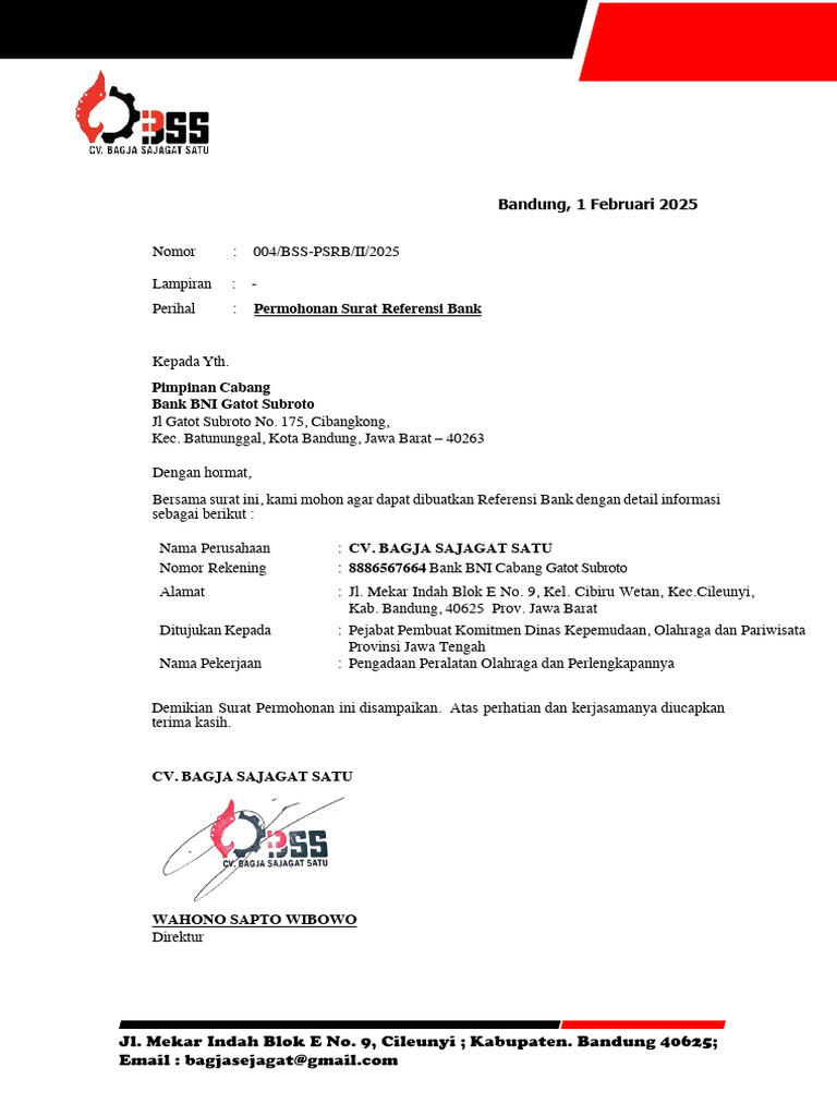 Surat Permohonan Keterangan Bank BNI (Dispora Jawa Tengah) | PDF