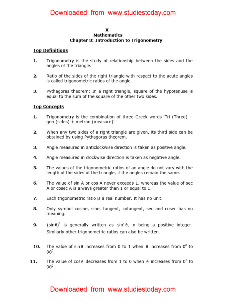 CBSE Class 10 Mathematics - Introduction To Trigonometry Concepts | PDF | Trigonometric ...