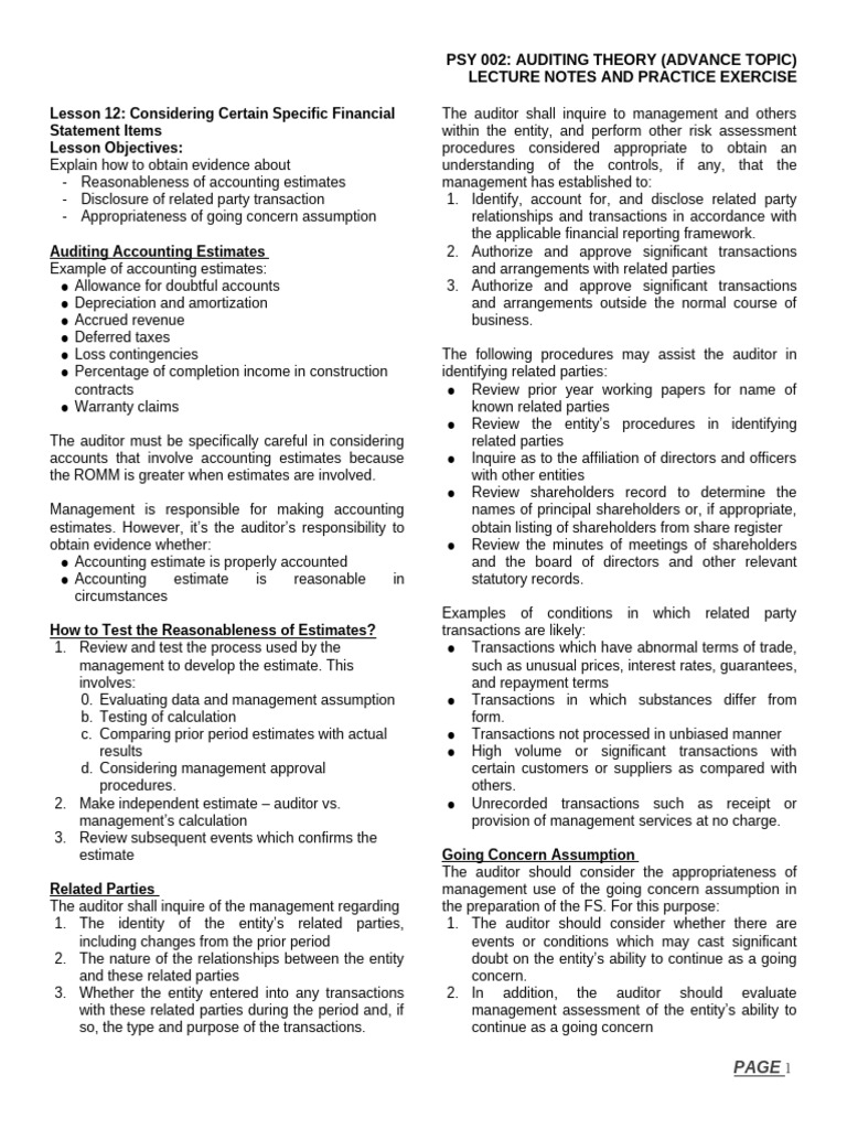 Auditing Financial Statement Items | PDF | Going Concern | Audit