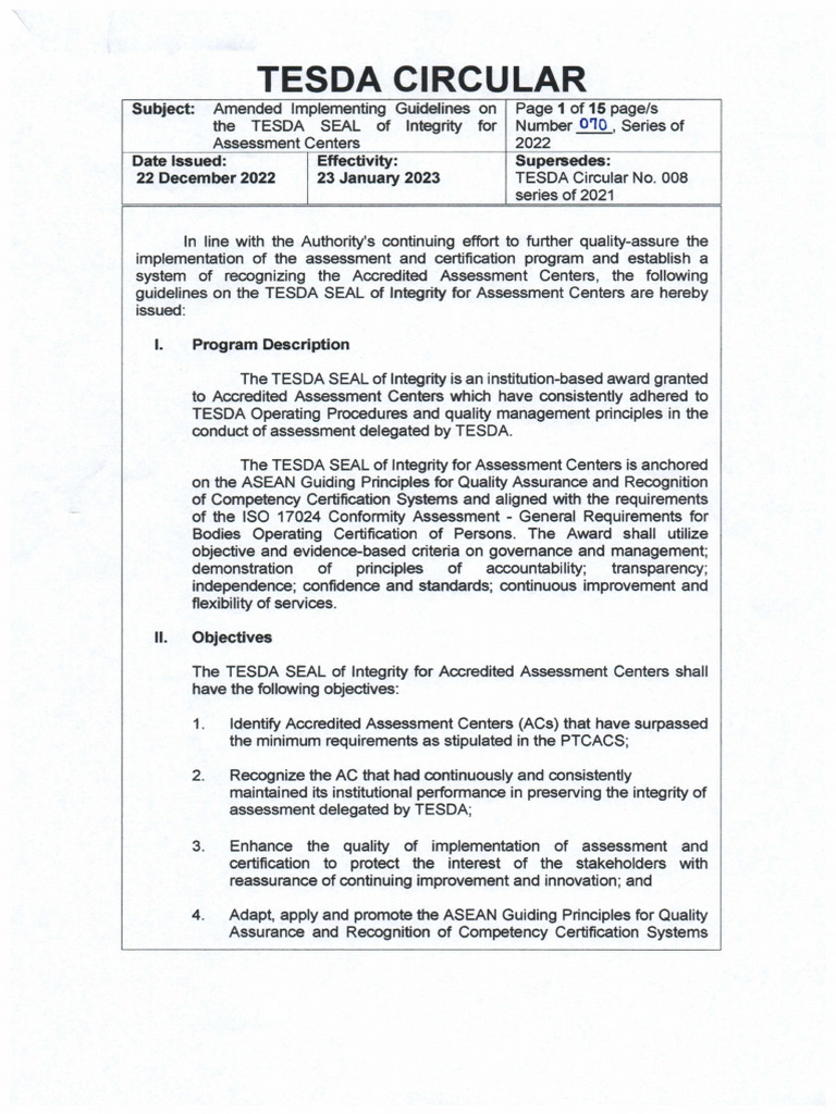 TESDA SEAL of Integrity Guidelines | PDF