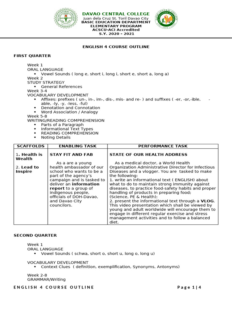 Course Outline 3rd To 4th | PDF | English Language | Noun
