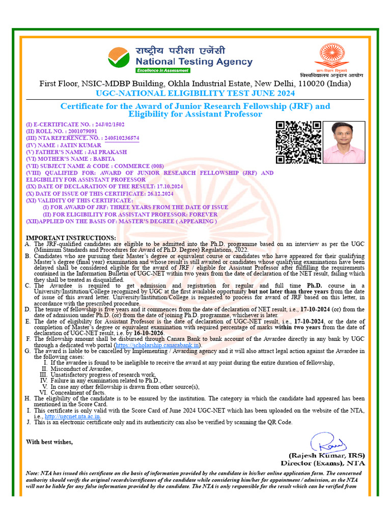 JRF Certificate | PDF | Doctor Of Philosophy