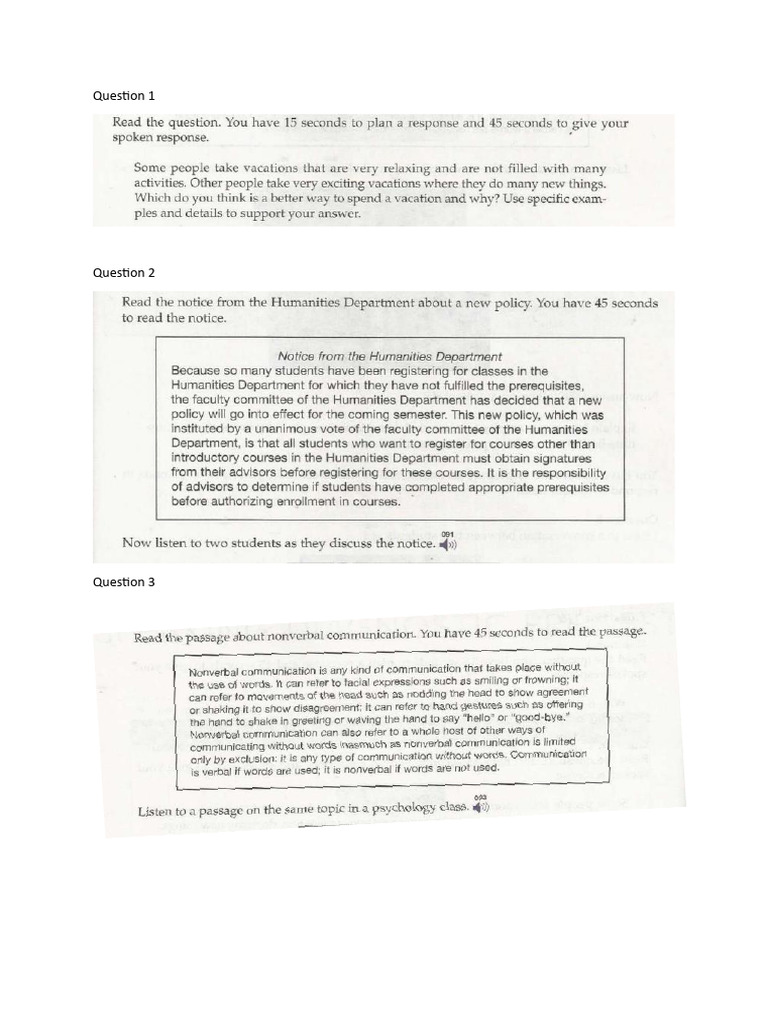 TOEFL Ibt - Speaking Placement Test Questions | PDF