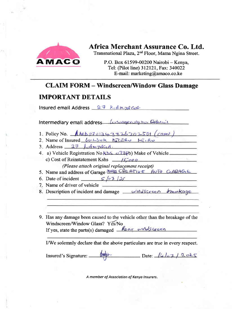 Windscreen Damage Claim Form | PDF
