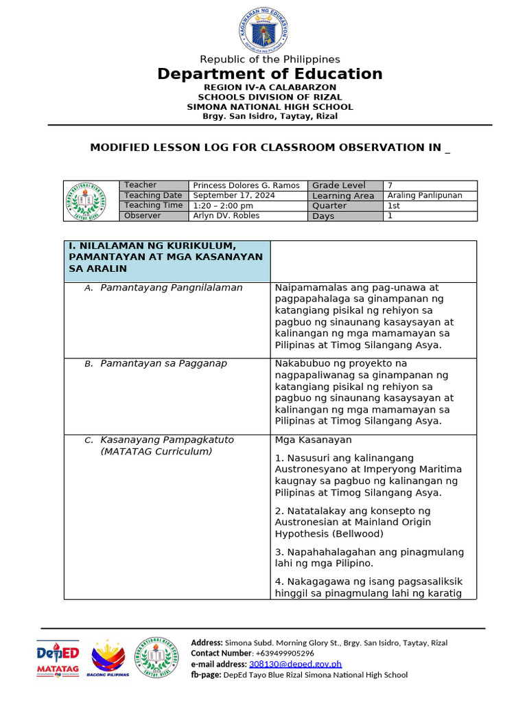 Modified Lesson Log For Classroom Observation MATATAG Curr | PDF