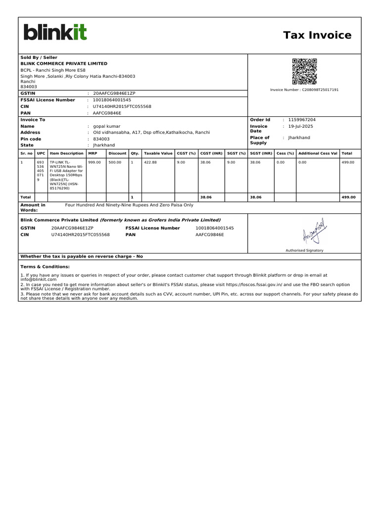 Tax Invoice for Wi-Fi Adapter Purchase | PDF | Government Finances ...