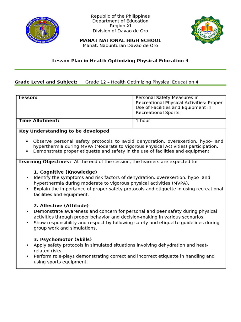 Lesson Plan in Health Optimizing Physical Education 4 | PDF | Learning ...