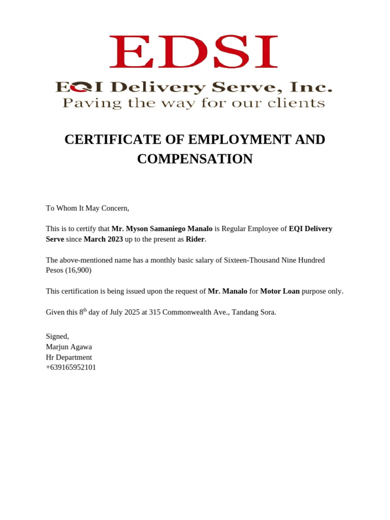 Employment Certificate for Loan Purpose | PDF