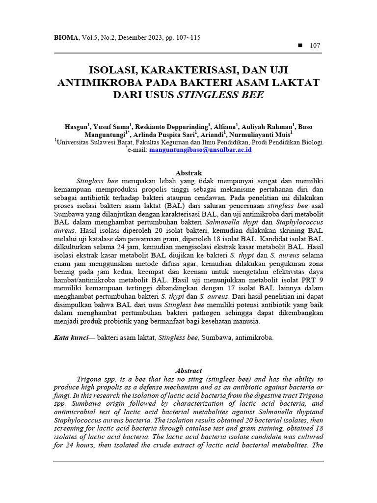 Antimikroba Bakteri Asam Laktat Stingless Bee | PDF