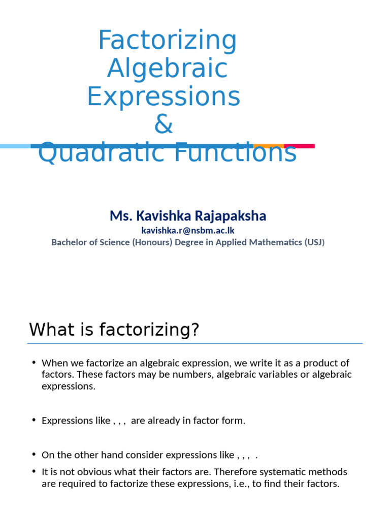 Factorizing Algebraic Expressions Quadratic Functions | PDF | Quadratic Equation | Factorization