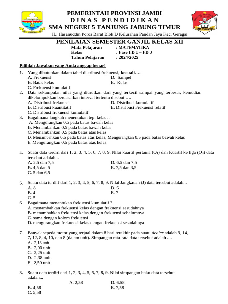 Fase F - 2024 MTK Wajib 30 Soal Uas Kelas FB 1 - FB 3 | PDF