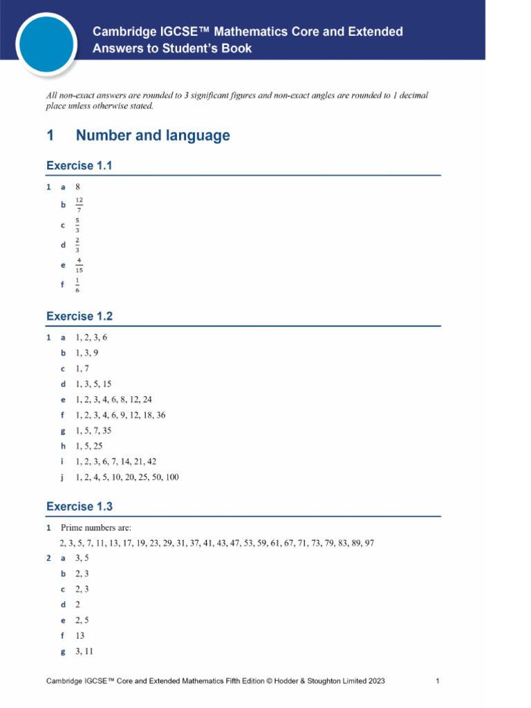 IGCSE Maths Student Book Answer Sheet (Core and Extended) | PDF