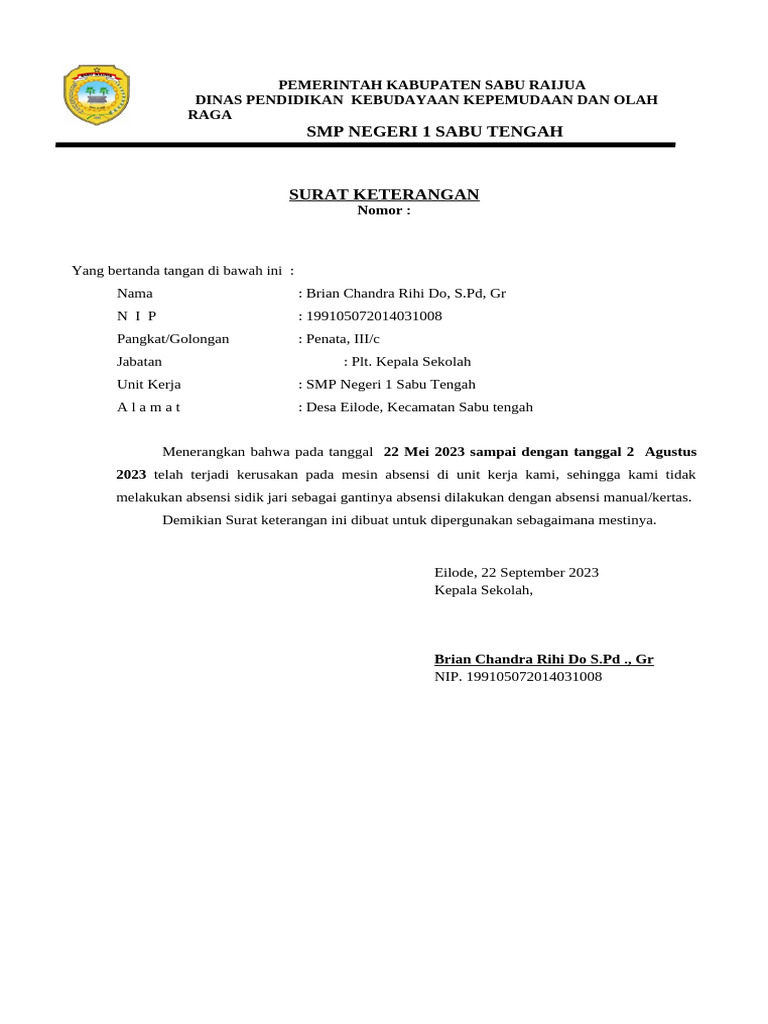 Surat Keterangan Kerusakan Mesin Absensi | PDF