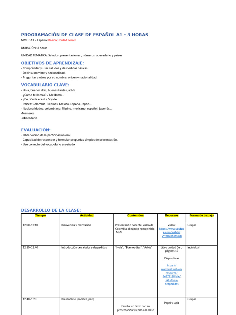 1.programación de Clase de Español A1 | PDF | Aprendizaje | Comunicación humana