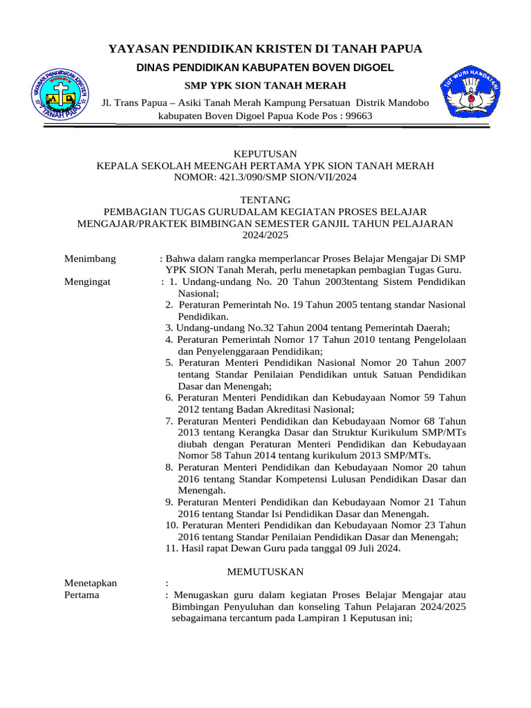 SK Pembagian Tugas Semester Ganjil T. A 2024-2025 Perbaikan Baru-1 | PDF
