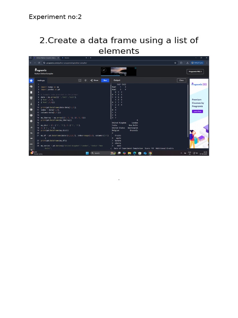 2.create A Data Frame Using A List of Elements: Experiment No:2 | PDF