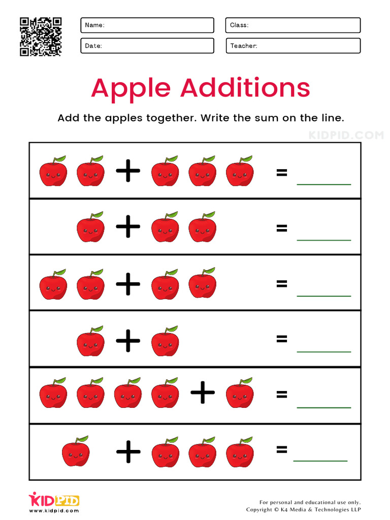Apple Addition Worksheets For Kids | PDF