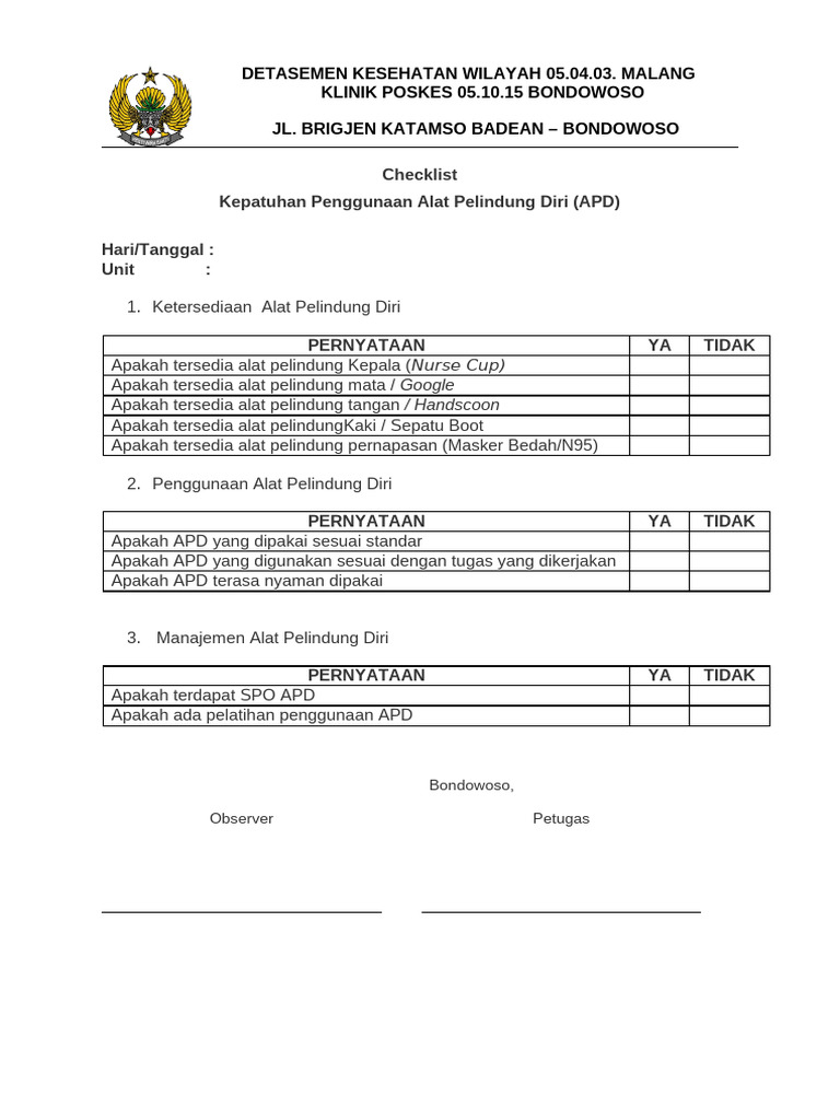 Checklist Kepatuhan APD | PDF