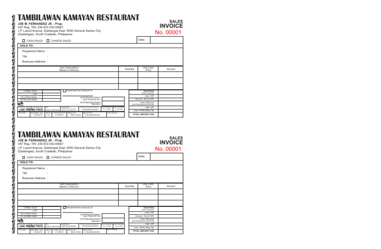 Tambilawan Kamayan Restaurant Invoice | PDF | Value Added Tax | Money