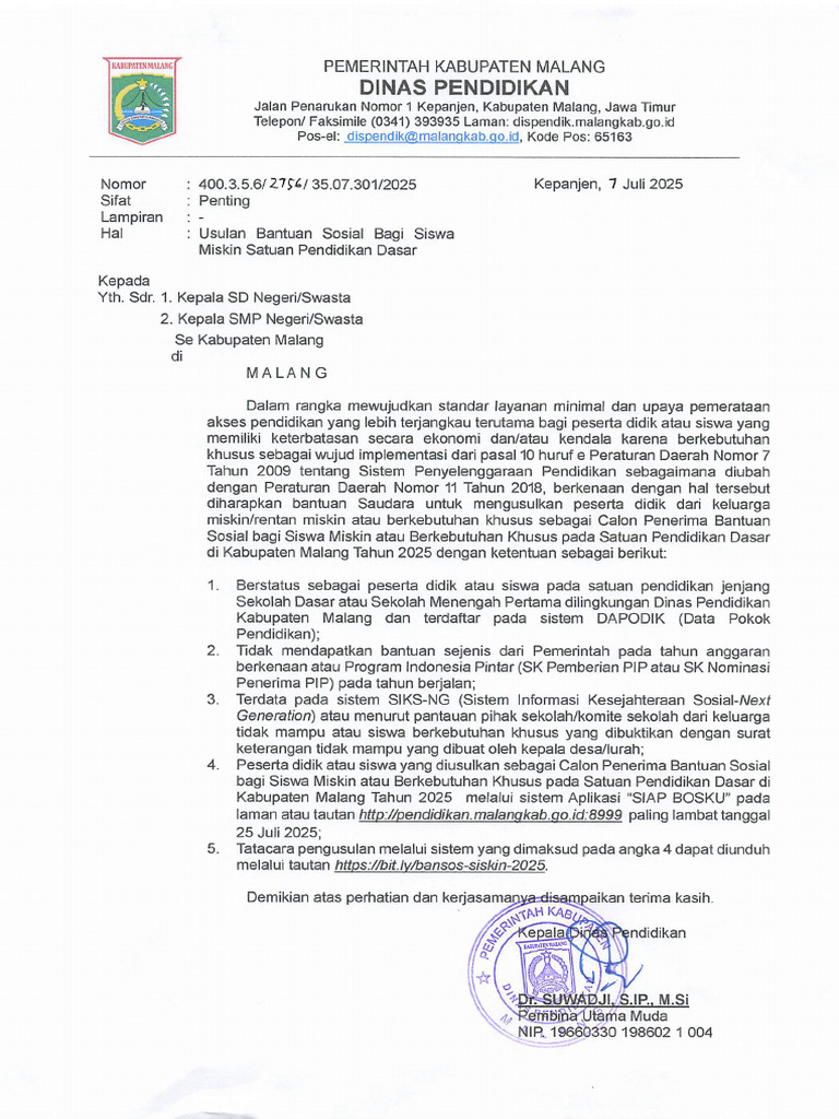 Pemberitahuan Pengusulan Bansos Siswa Miskin | PDF