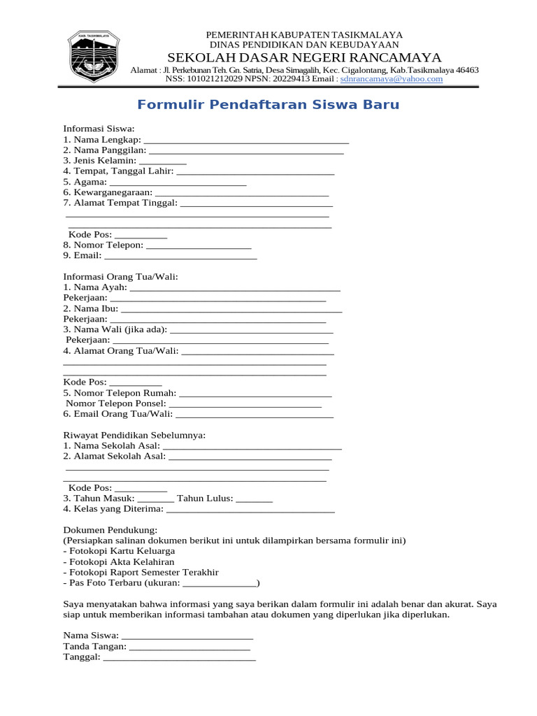 Formulir Pendaftaran Siswa Baru | PDF