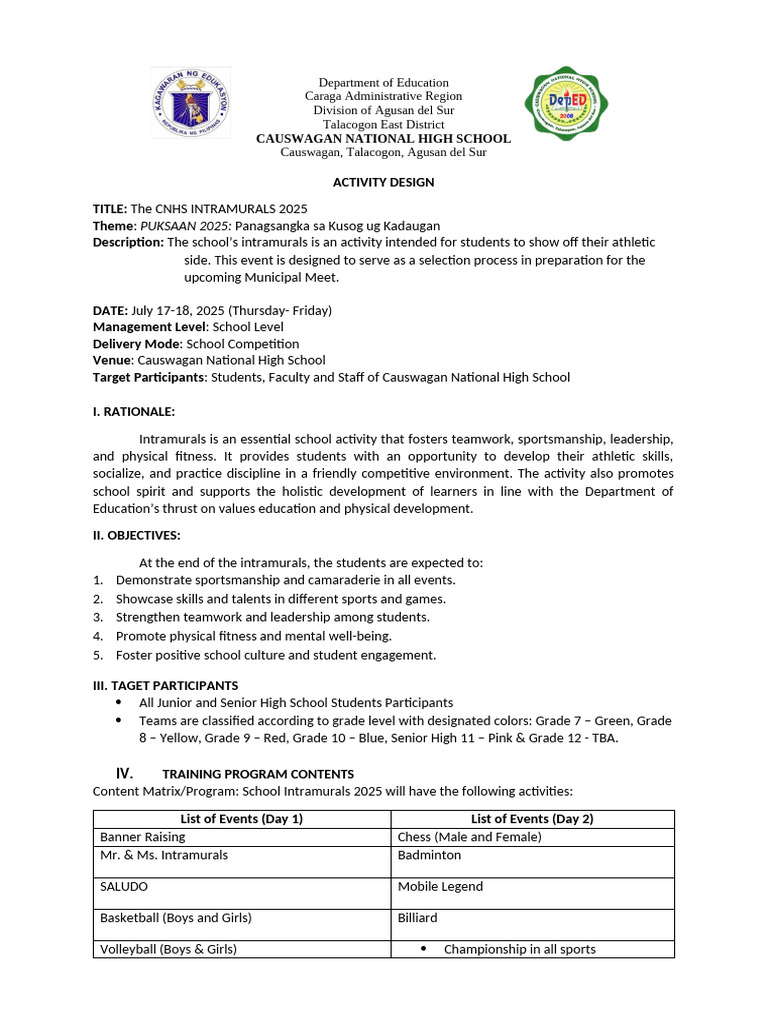 Intrams Activity Design | PDF