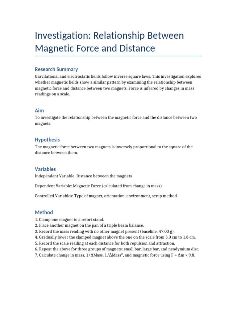 Magnetic Force Distance Investigation With Graphs | PDF | Force | Magnet
