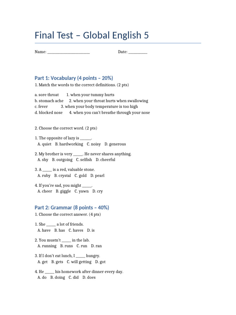 Global English 5 Final Test Guide | PDF | Brain