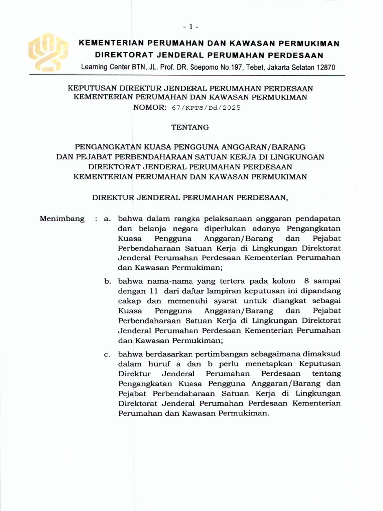67 KPTS DD 2025 - SK Pengangkatan KPA & PJB Perbendaharaan Satuan Kerja Di Lingkungan Ditjen ...