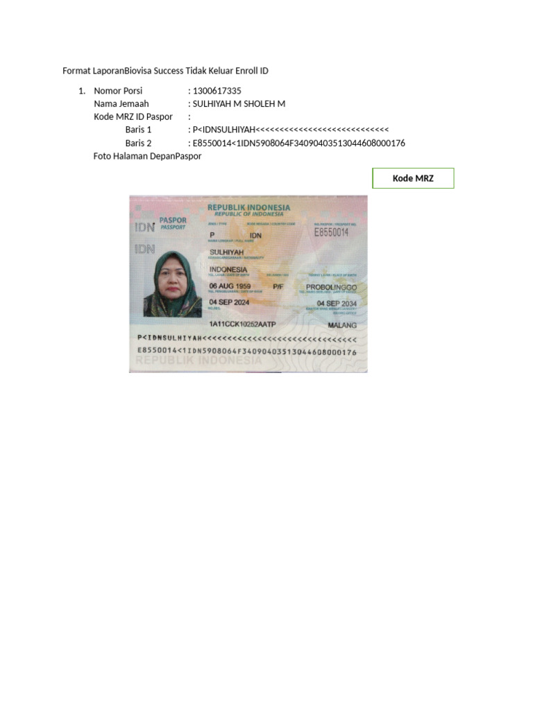 Format Laporan Biovisa Success Tidak Keluar Enroll ID | PDF