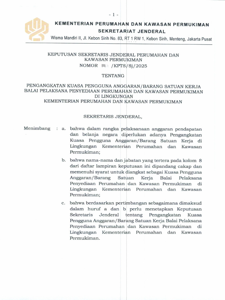 111.KPTS.sj.2025 - Pengangkatan KPA-B Satuan Kerja BP3KP Di Lingkungan Kementerian PKP | PDF