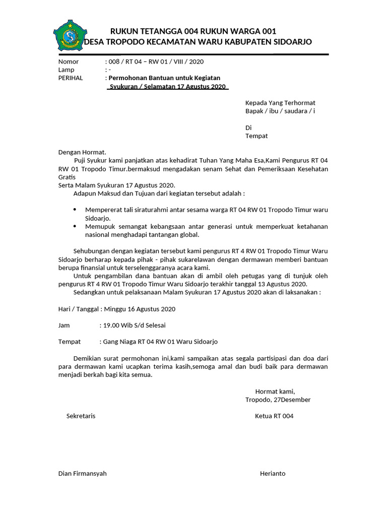 Surat Permintaan Sumbangan Acara 17san Di RT 04 2020 | PDF
