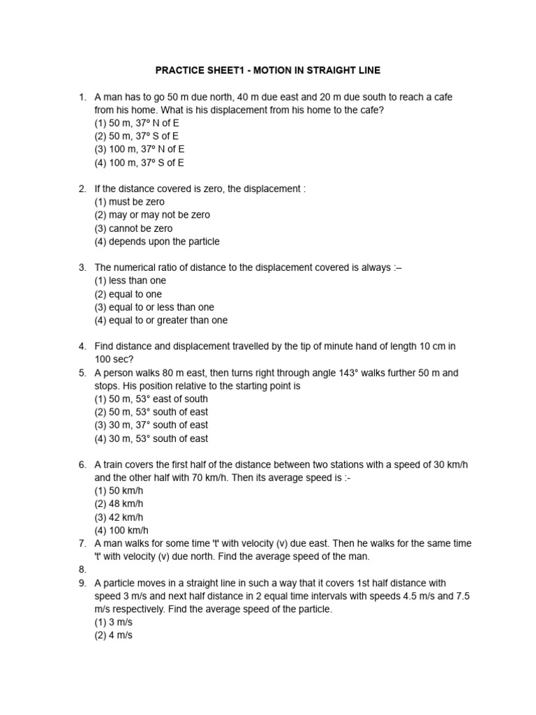 Practice Sheet-1 - (Motion in Straight Line) | PDF | Speed | Velocity