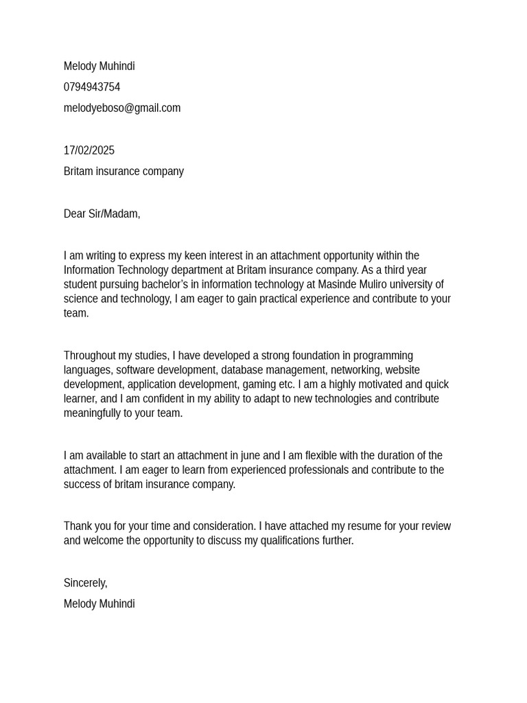 Application Letter Britam | PDF