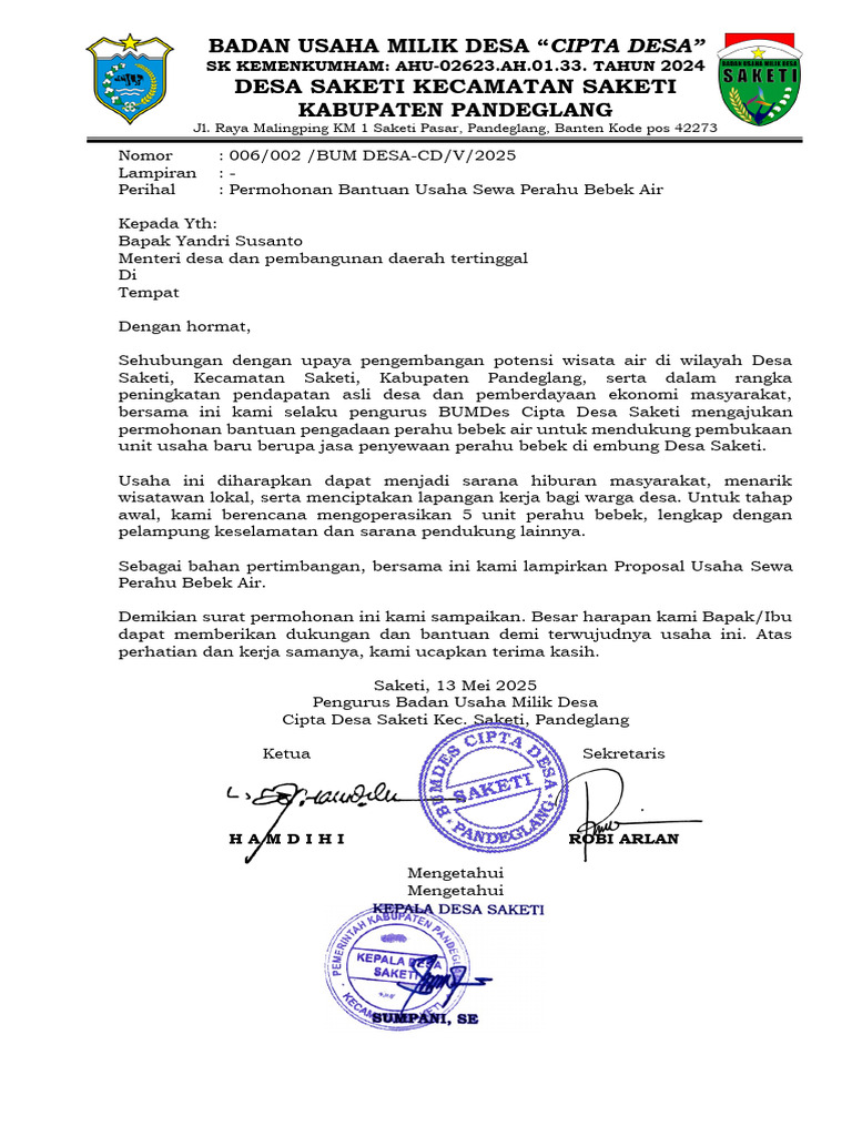 Proposal Sewa Perahu Bebek Desa Saketi | PDF