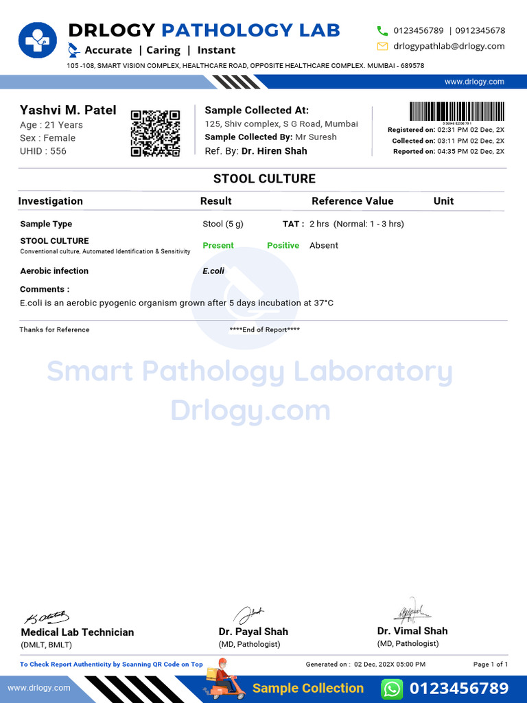 Stool Culture Test Positive Report Format Example Sample Template ...